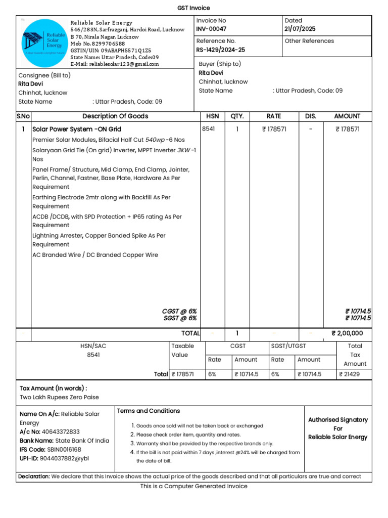 GST Invoice for Solar Power System | PDF | Manufactured Goods | Power ...