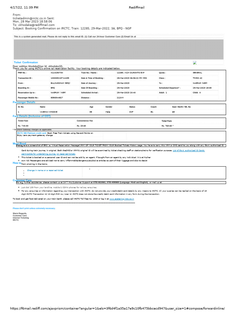 IRCTC Train Ticket Confirmation Details | PDF | Service Industries ...