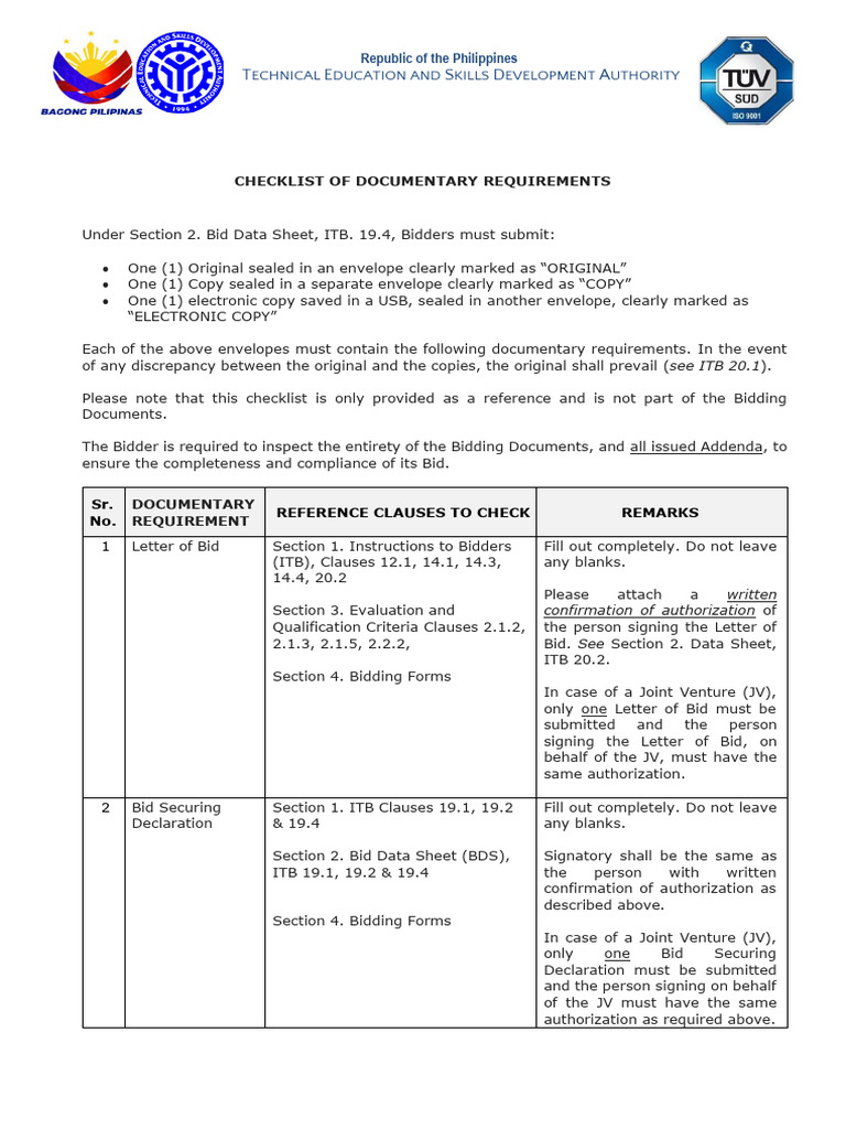 Checklist for Bidding Document Requirements | PDF