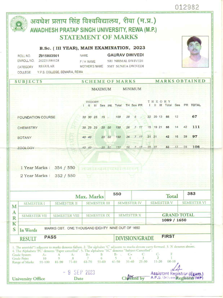 Bachelor S Degree or Equivalent Marksheet | PDF