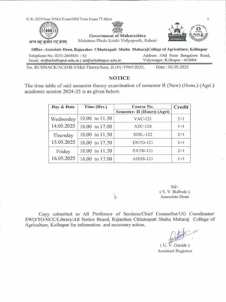 Sem II Time Table & Seating Arrangement | PDF