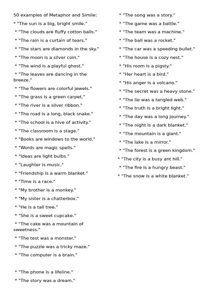 50 Examples of Metaphor and Simile | PDF