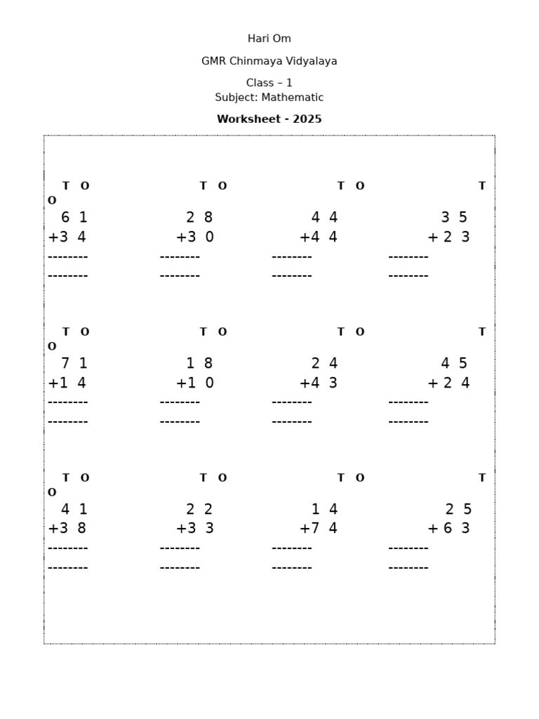 Class 1 Maths Worksheet 2025 | PDF