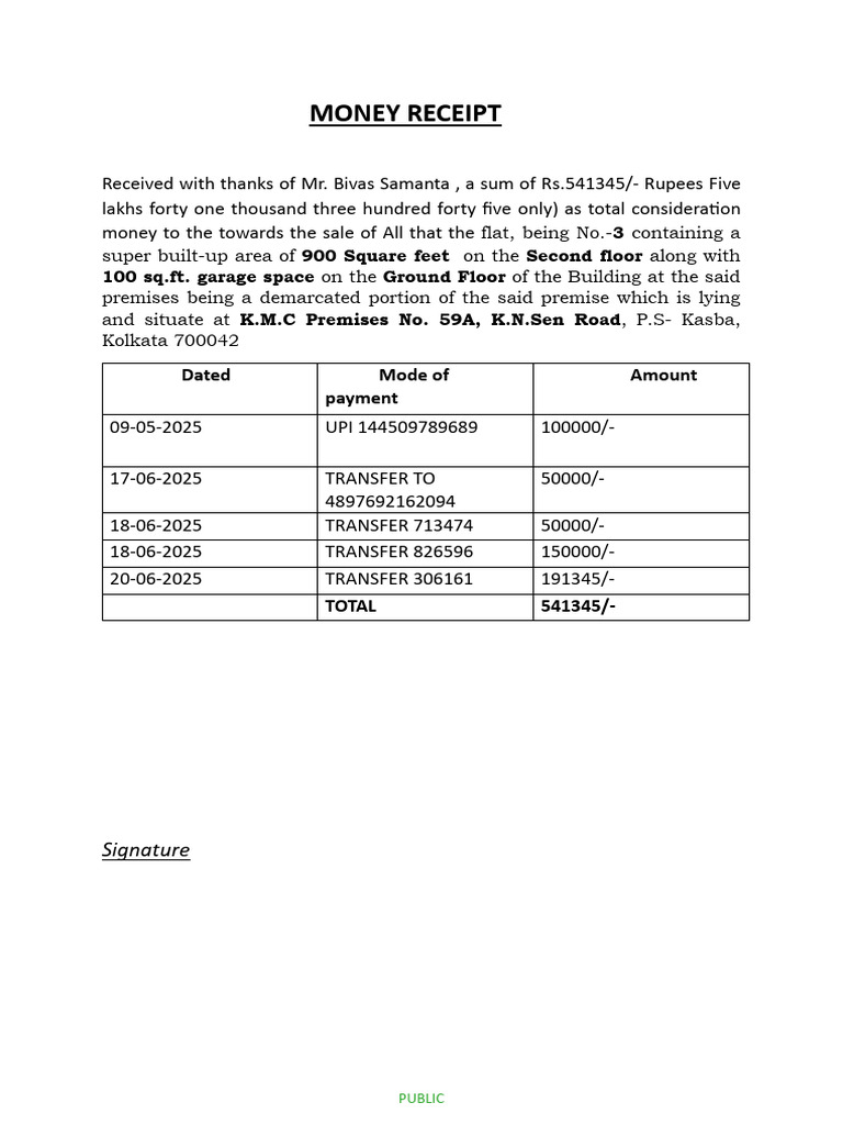 Public Money Receipt for Flat Sale | PDF