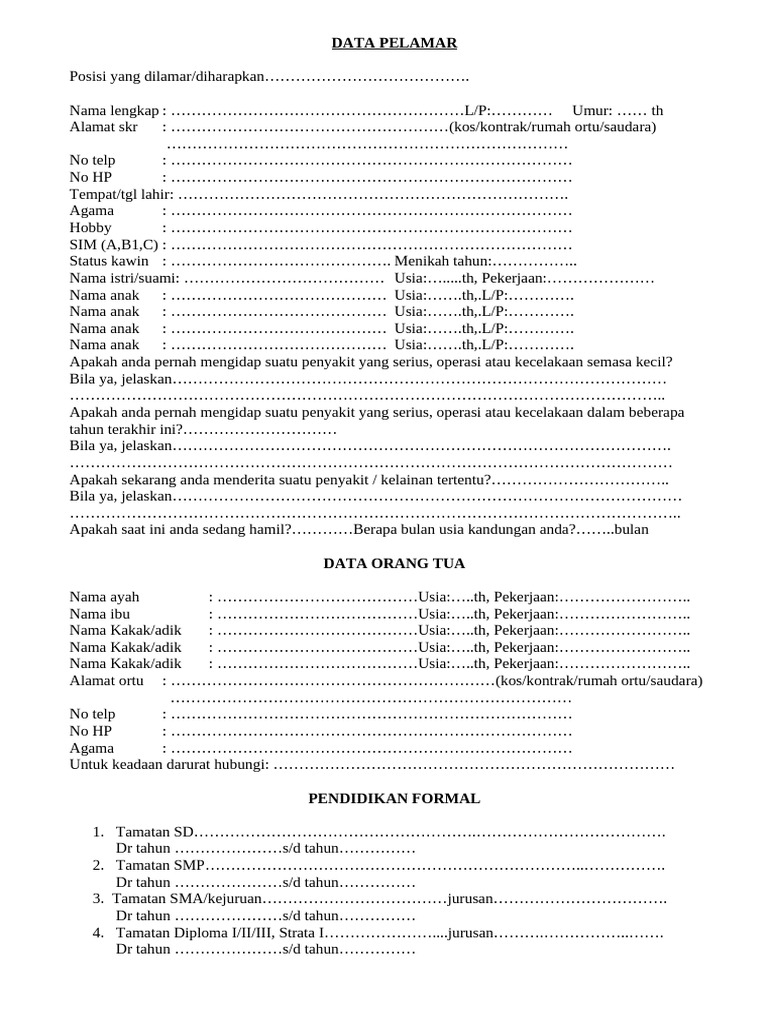 Form Data Pelamar | PDF
