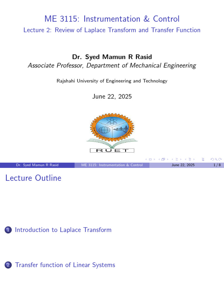 ME 3115 Laplace Transform and Transfer Function | PDF | Laplace Transform | Mathematical Physics