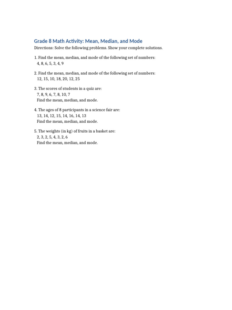 Grade 8 Mean, Median, Mode Activity | PDF