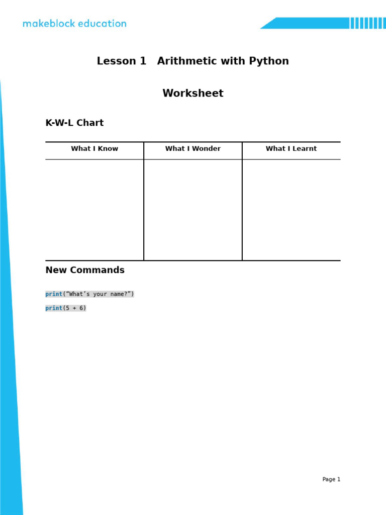 Py101 Lesson 01 Worksheet | PDF