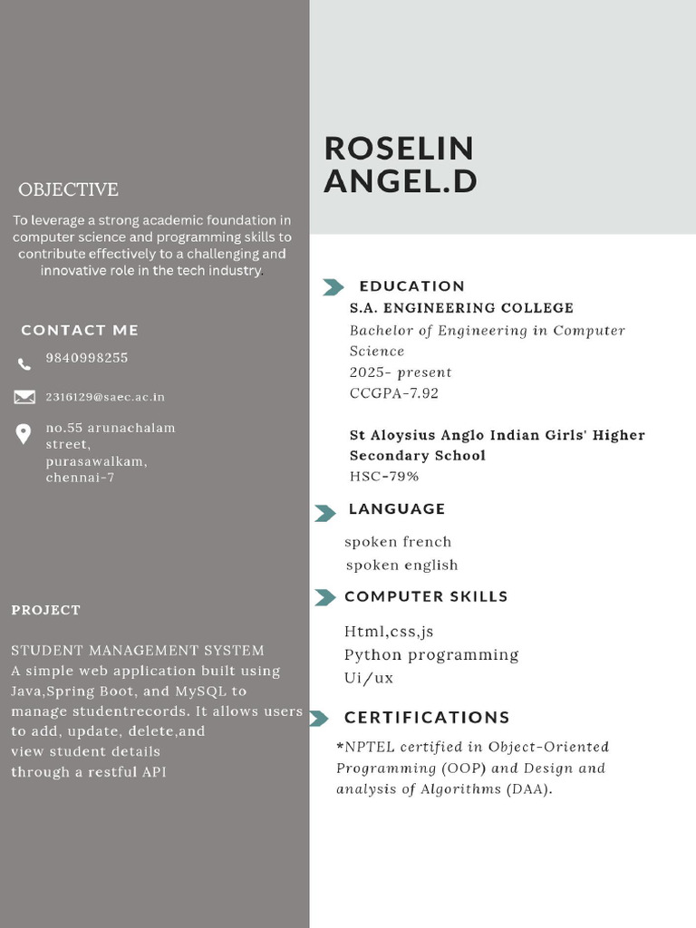Roselin Angel.D Resume One Two Three Froue | PDF