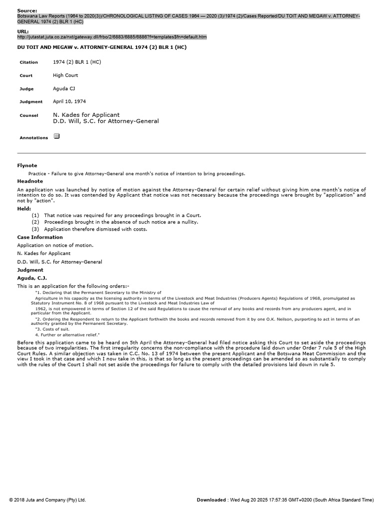 DU TOIT AND MEGAW v. ATTORNEY-GENERAL 1974 (2) BLR 1 (HC) | PDF ...