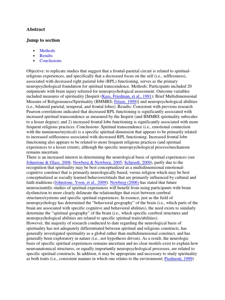 Right Parietal Lobe-Related Selflessness As The Neuropsychological ...