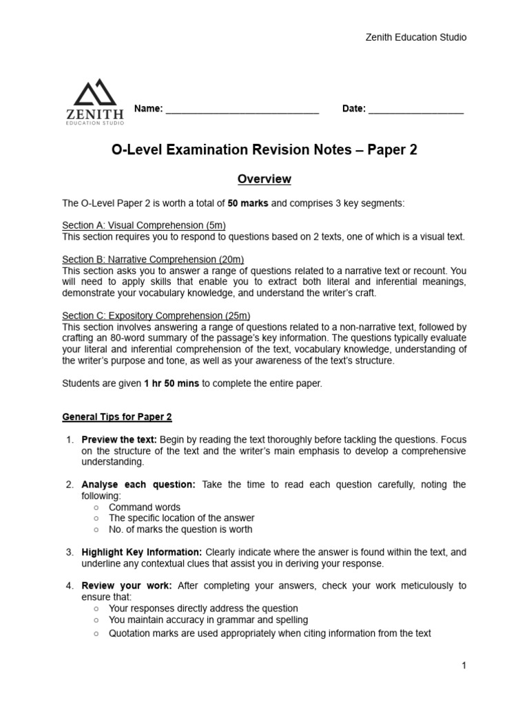 O-Level Examination Revision Notes - Paper 2: Name: - Date | PDF ...