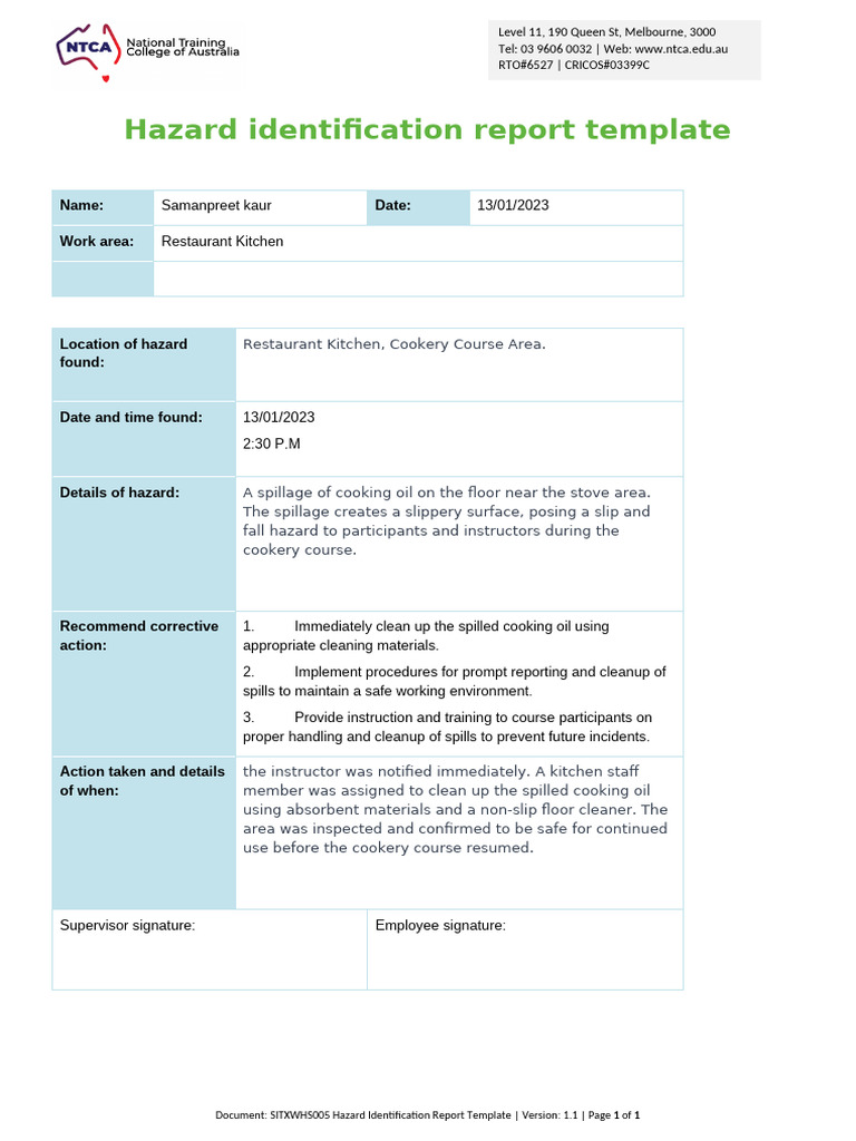 SITXWHS005 Hazard Identification Report Template (1) (2) 12333333 | PDF