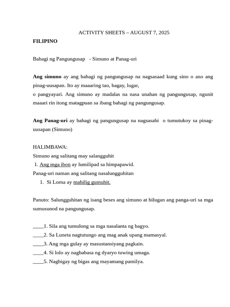 Activity Sheets Filipino | PDF