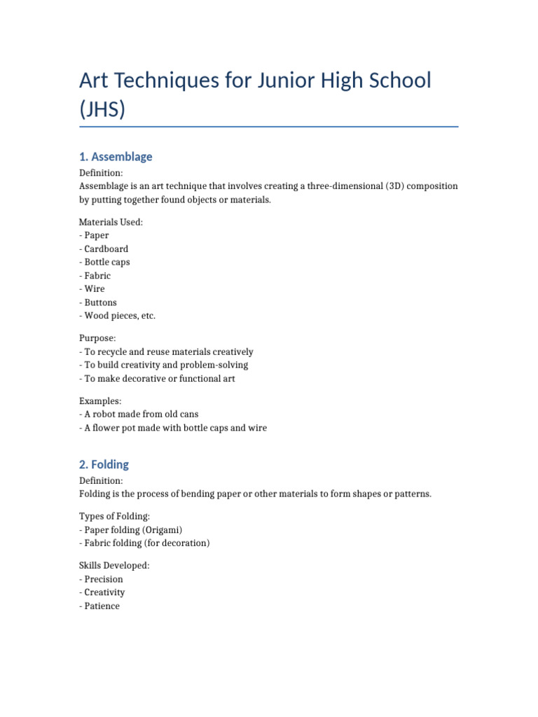 Art Techniques For JHS | PDF