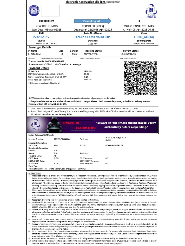 Print - New Delhi - Ndls - MGR Chennai CTL - Mas - 2232961617 | PDF ...