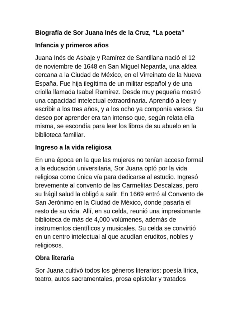 Biografía Sor Juana Inés de La Cruz | PDF