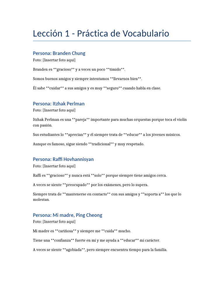 Práctica de Vocabulario: Descripciones Personales | PDF