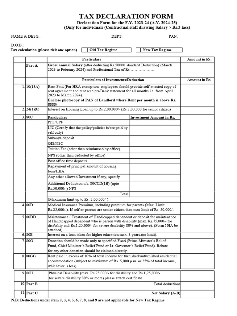 Income Tax Declaration Form F.Y.2023 24 (A.y. 2024 2025) SELF ARRESTED ...