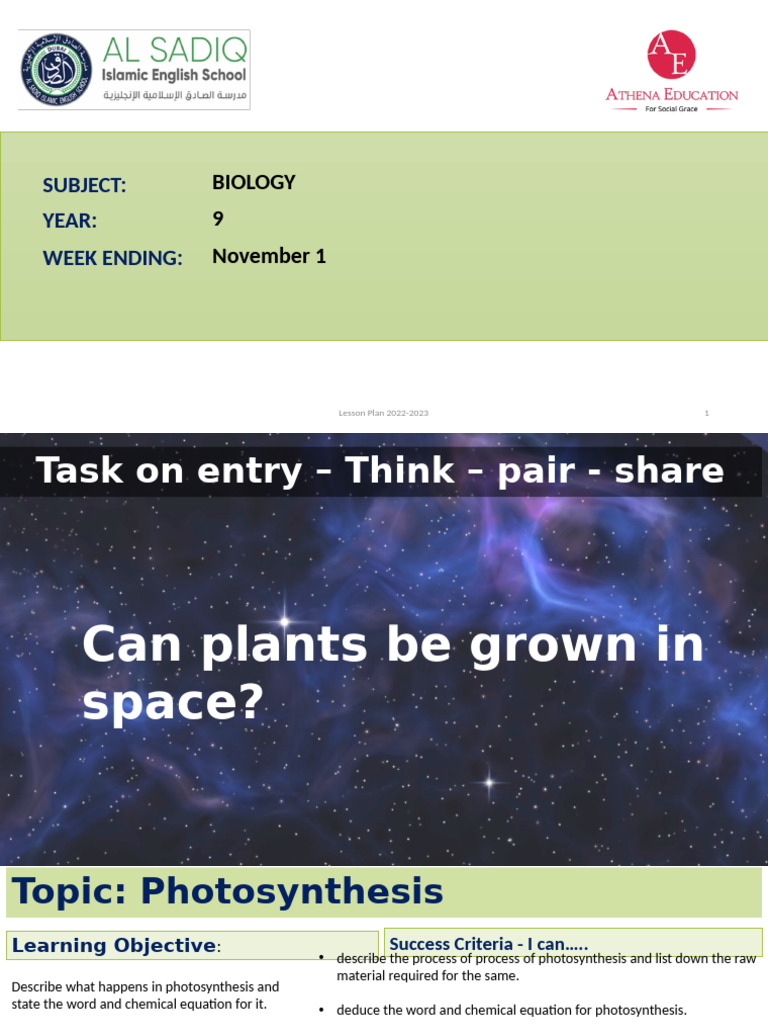 Photosynthesis Lesson Plan for Grade 9 | PDF | Photosynthesis ...