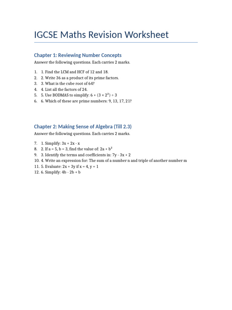 IGCSE Maths Revision Worksheet Explained | PDF