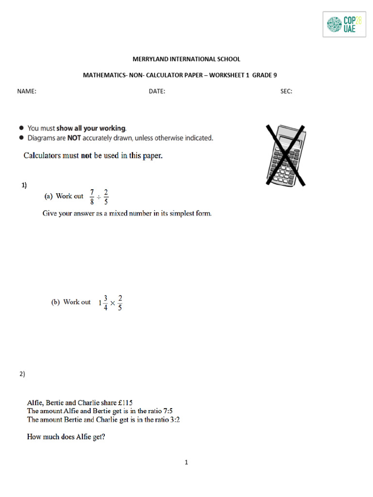 Non Calculator Worksheet 1 | PDF