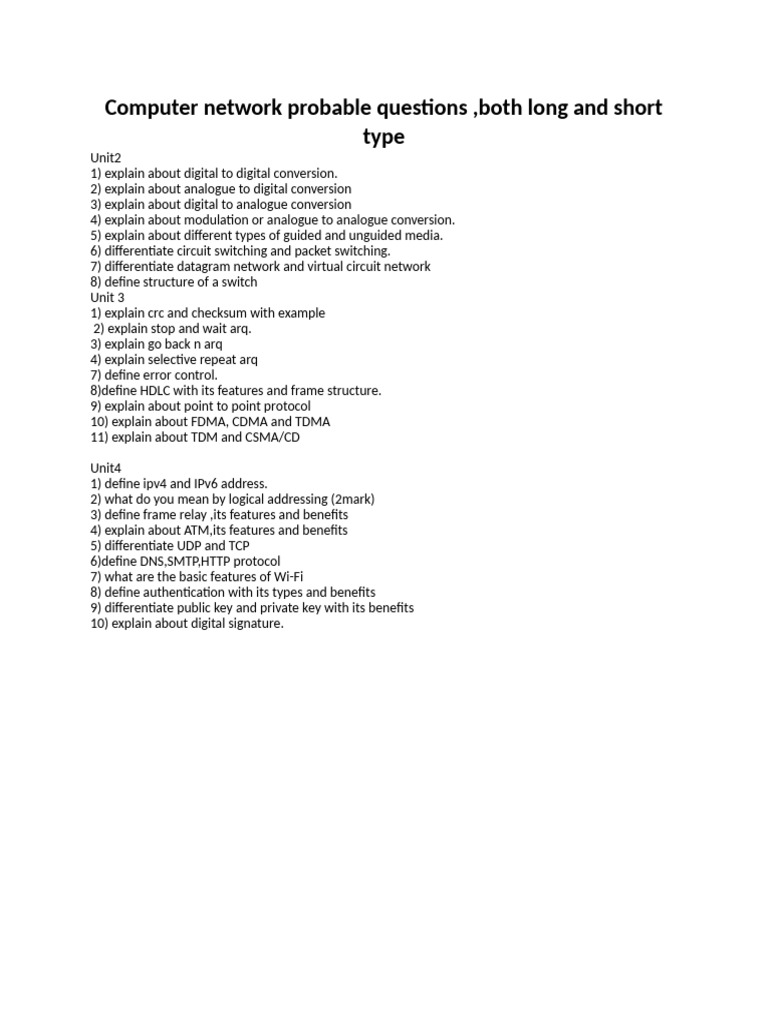 Computer Network Probable Questions, Both Long and Short Type | PDF