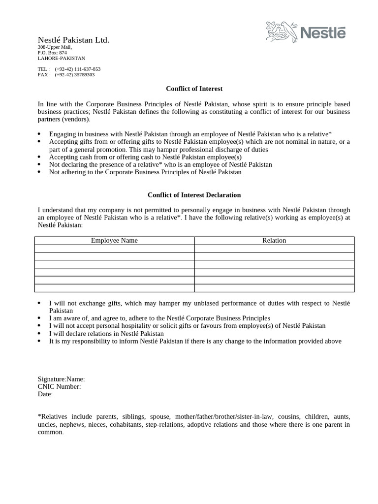 Nestlé Pakistan Conflict of Interest Policy | PDF