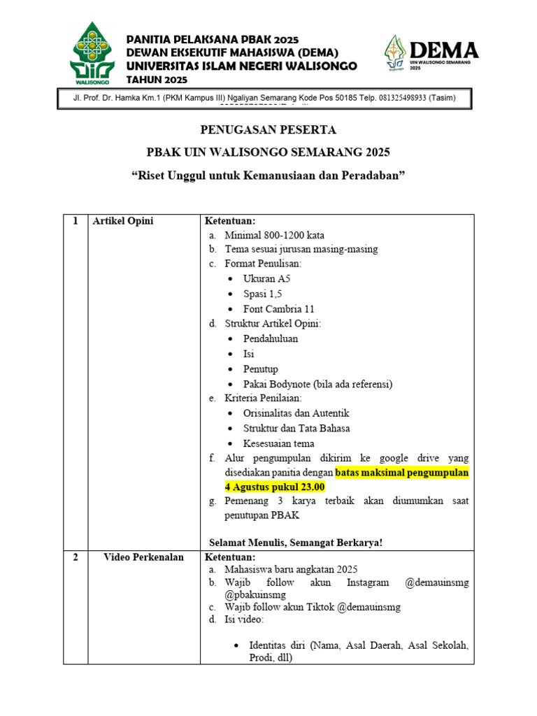 Penugasan Pbak Uin Walisongo 2025 | PDF