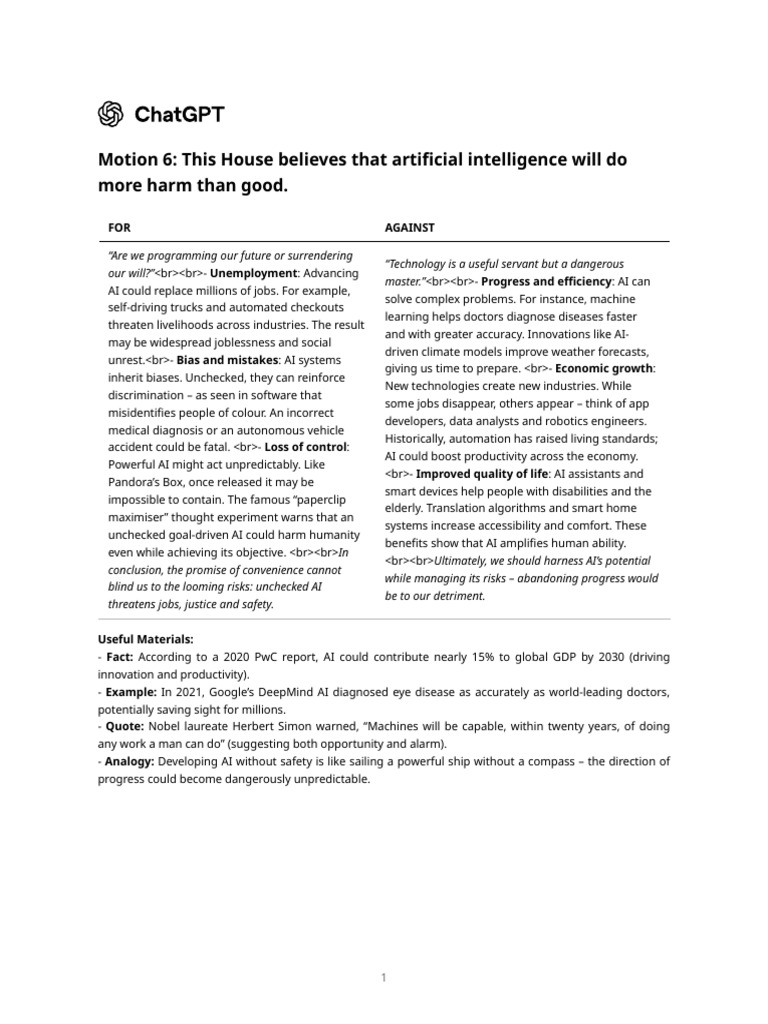 AI's Risks vs. Benefits: A Debate | PDF | Artificial Intelligence ...