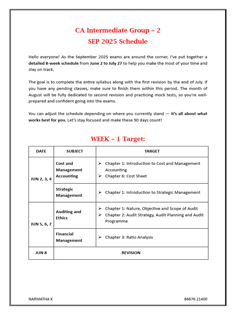 CA Intermediate Group 2 Study Schedule | PDF | Audit | Accounting