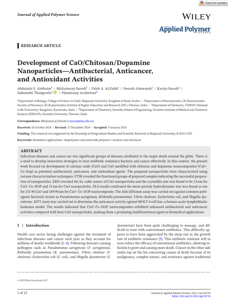 CaO/Chitosan/Dopamine Nanoparticles: Antibacterial & Anticancer | PDF ...
