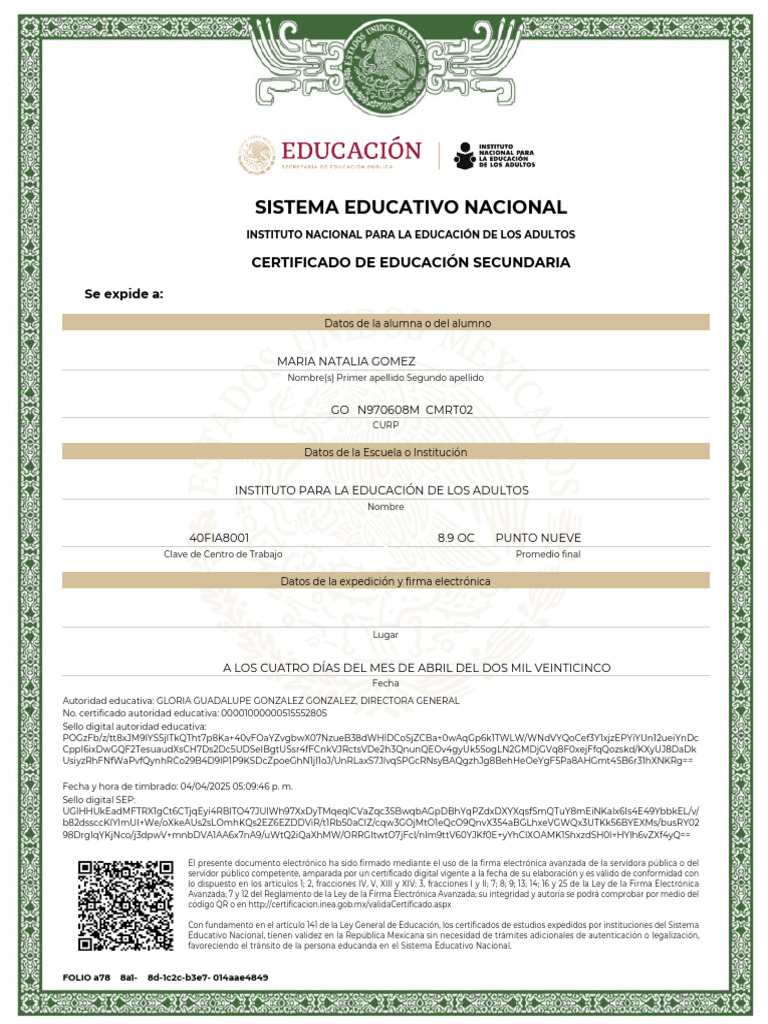 Certificado De Educación Secundaria Inea Pdf