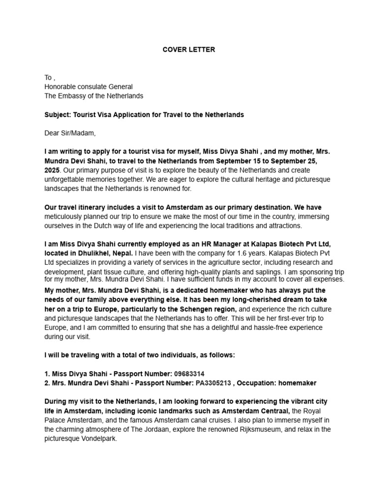 Tourist Visa Cover Letter for Netherlands | PDF | Amsterdam