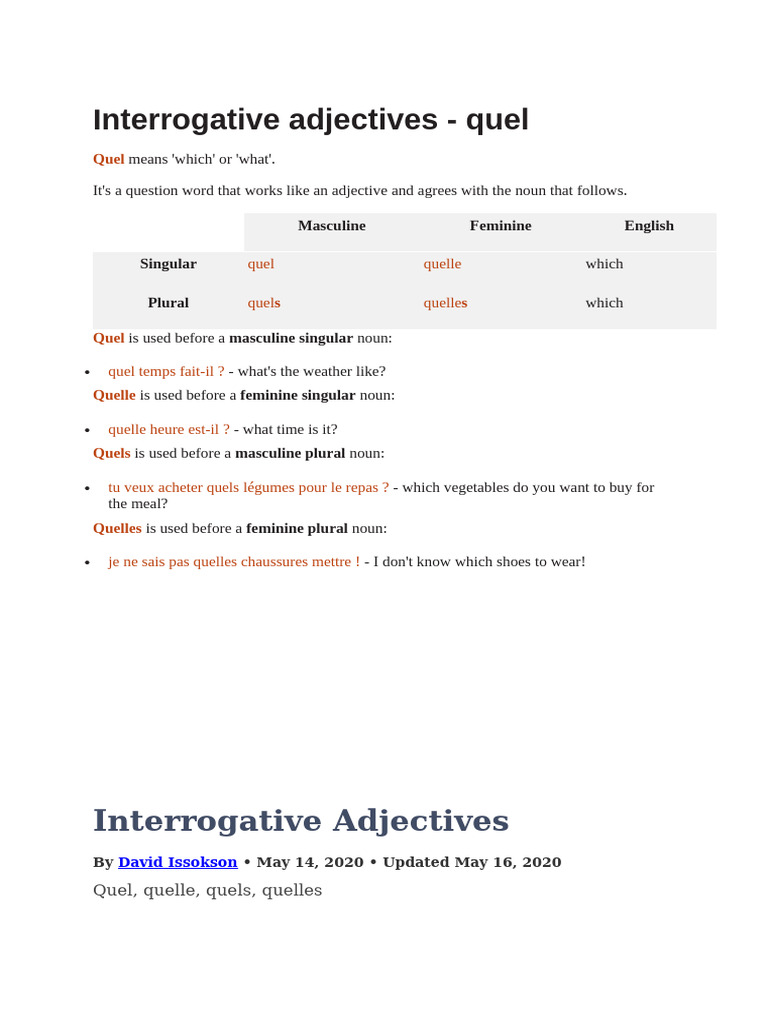 Understanding French Interrogative Adjectives | PDF | Grammatical ...