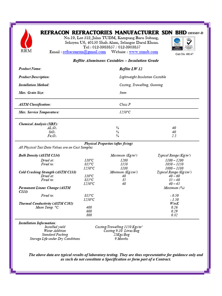 Data Sheet Reflite LW 12 | PDF | Refractory | Mechanical Engineering