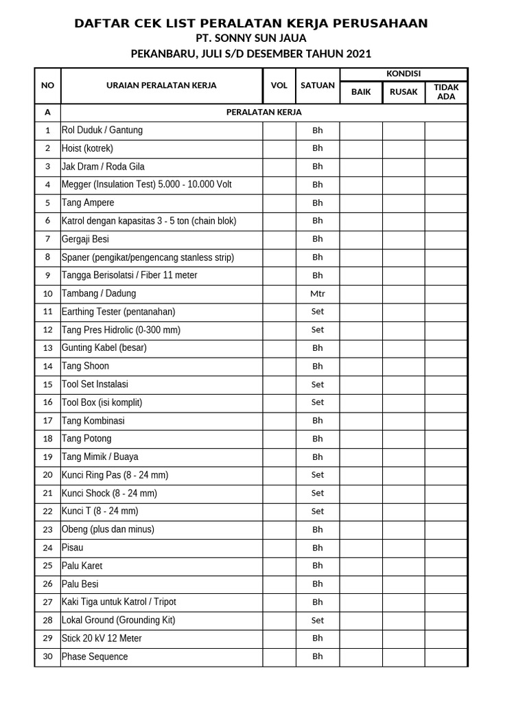 Cek List Peralatan Kerja dan APD K3 | PDF