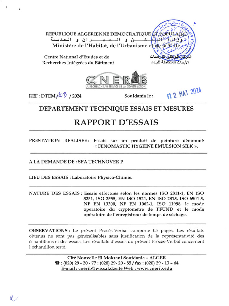 CNERIB Test Report N°DTEM-2024-208 - Fenomastic Hygiene Emulsion Silk | PDF