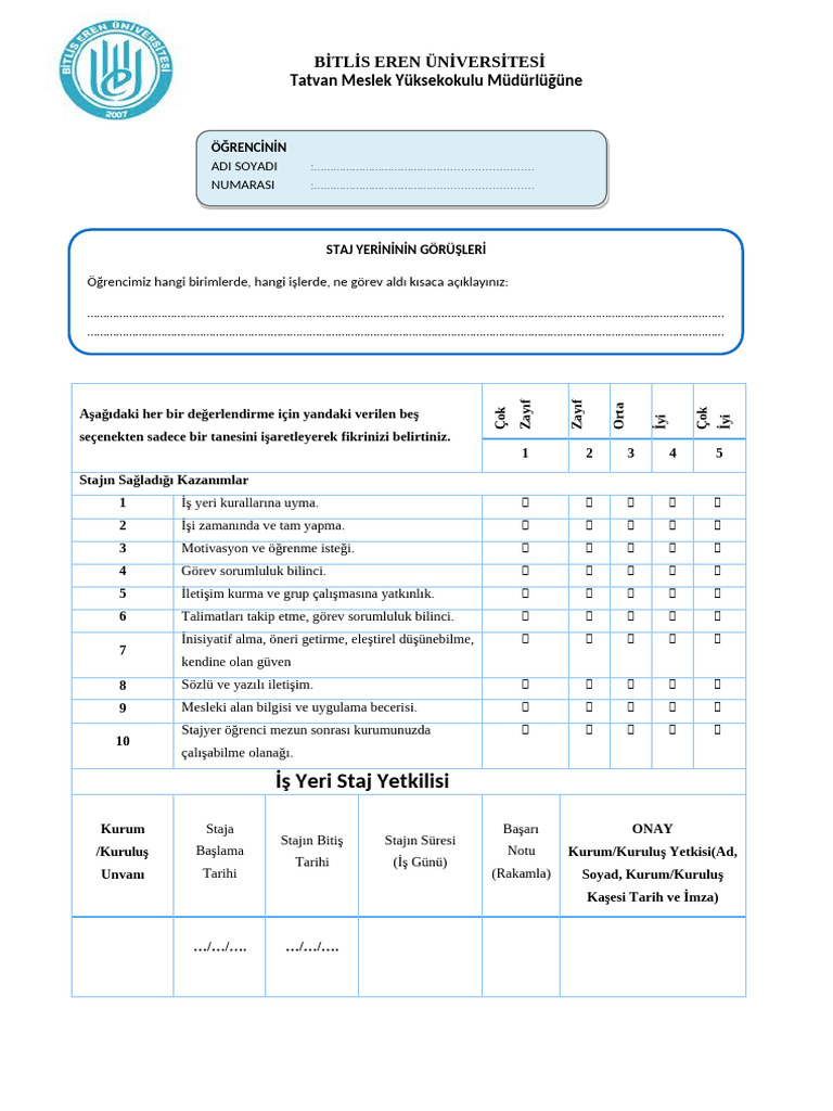 Staj Değerlendirme Formu | PDF