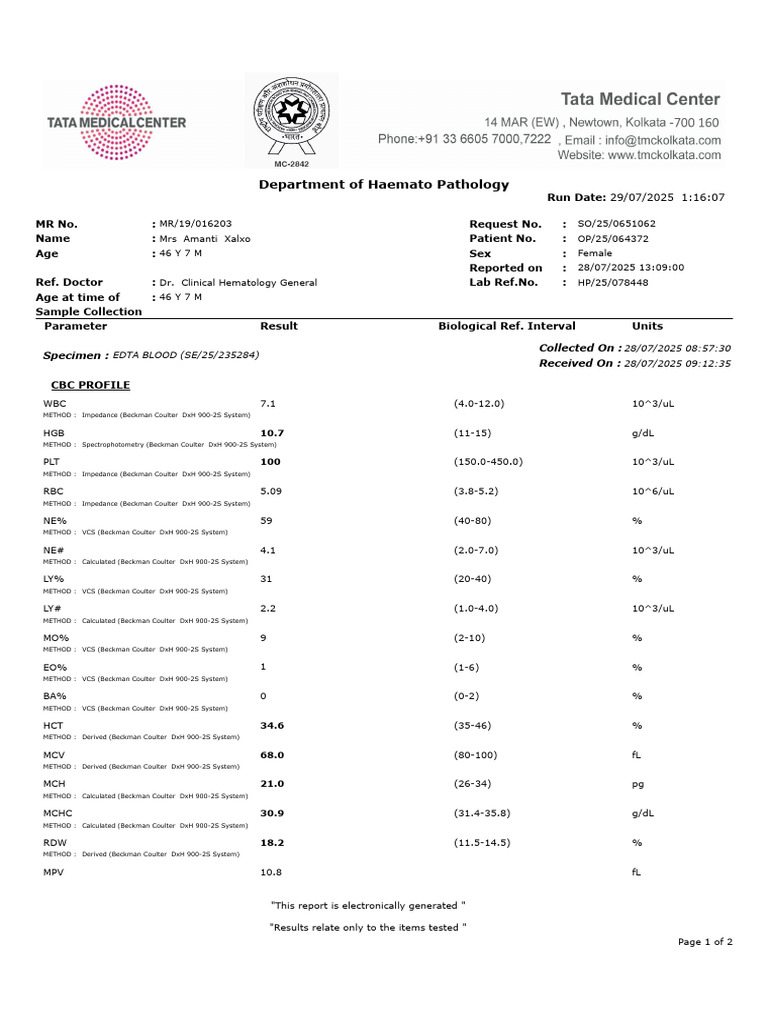 MR 19 016203$haemato Pathology$Cbc Profile$280720250857 | PDF | Medical ...
