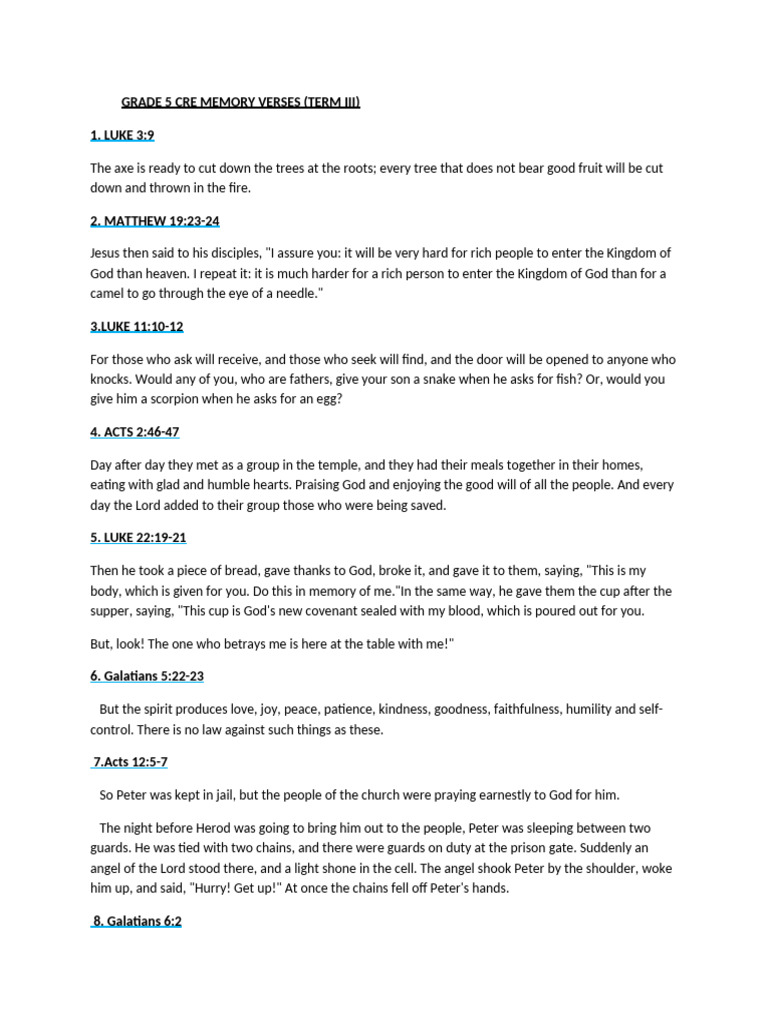 Grade 5 Cre Memory Verses | PDF