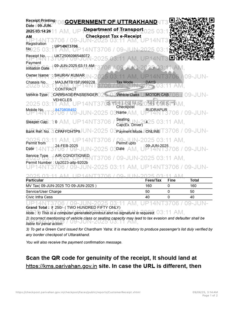 Uttarakhand Checkpost Tax e-Receipt | PDF | Vehicles | Transport