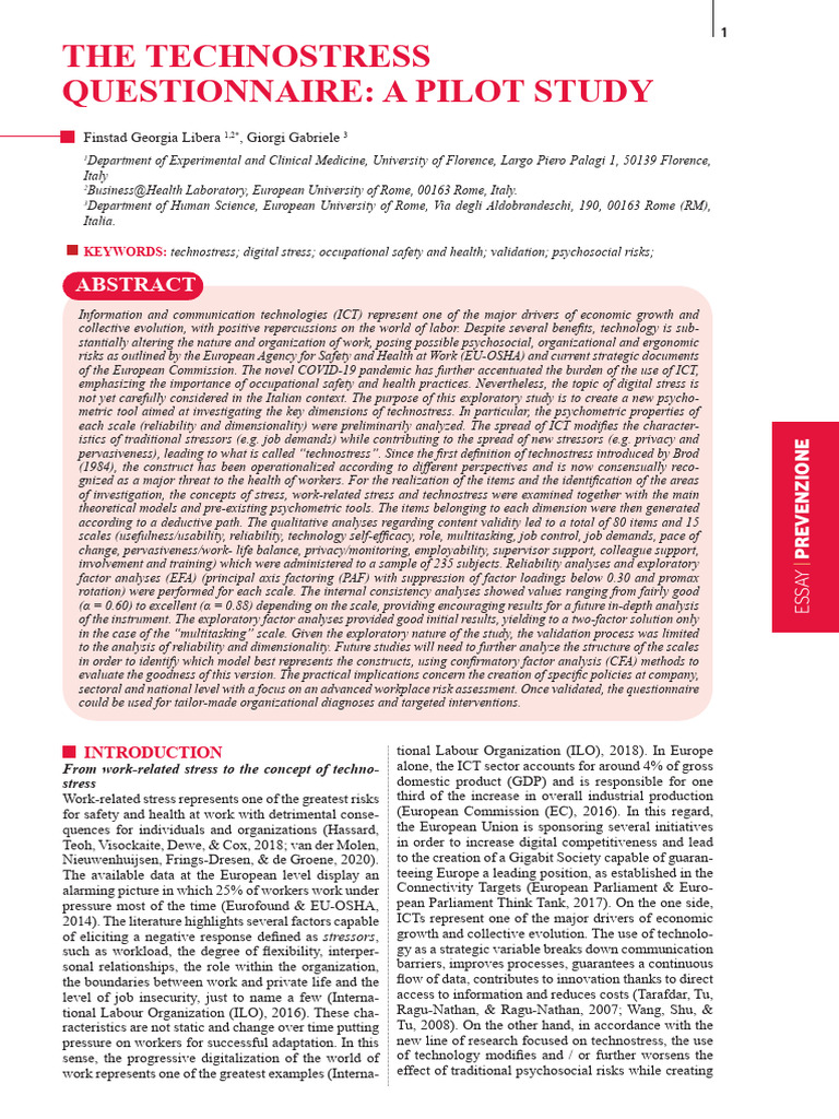 The Technostress Questionnaire A Pilot Study | PDF | Factor Analysis ...
