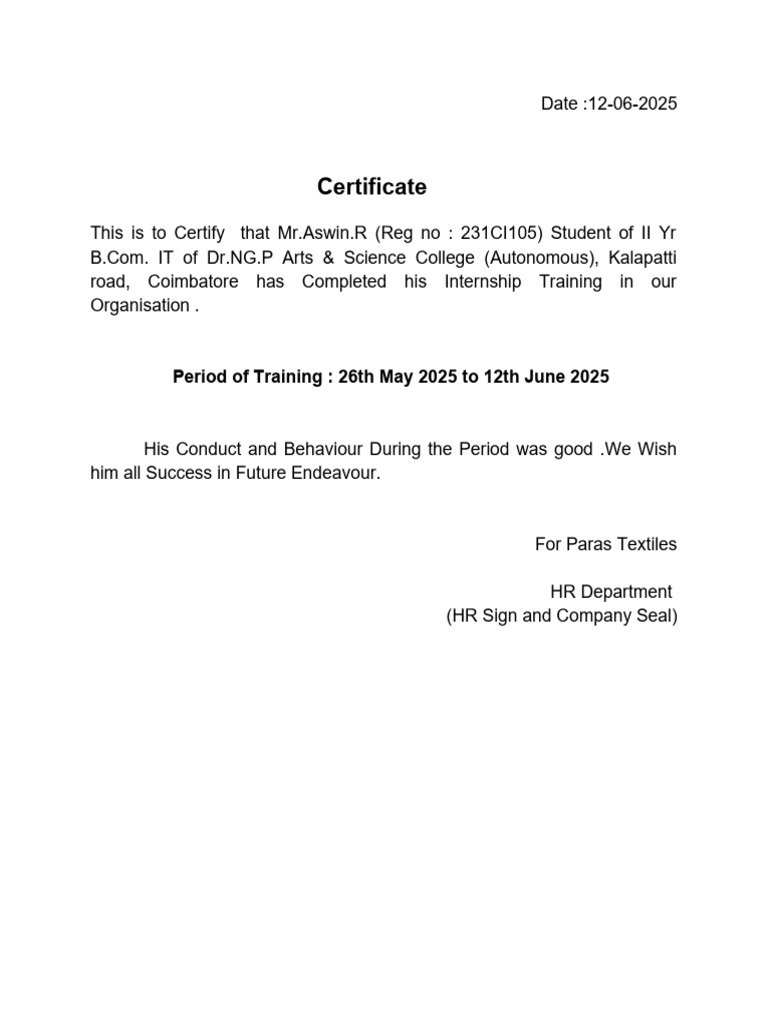 Completion Certificate Format | PDF