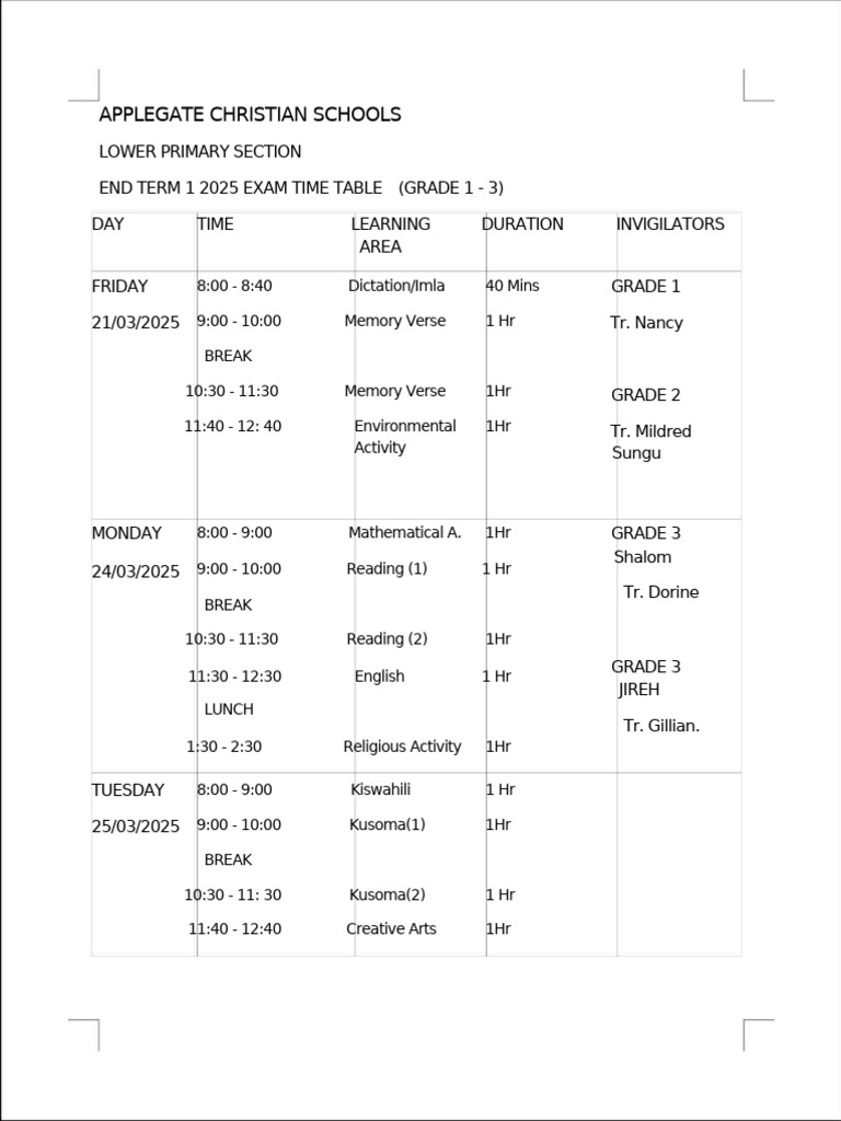 Lower Primary Time Table 2 | PDF