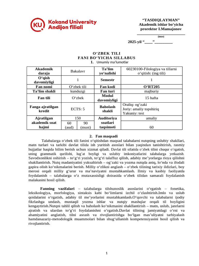 !!1 тугри O'zbek tili SillabusTTT | PDF