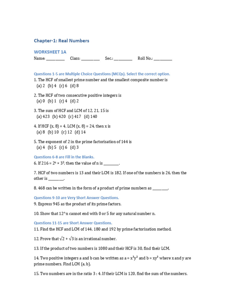 CLASS 10 Real Numbers Worksheet 1A | PDF | Prime Number | Numbers