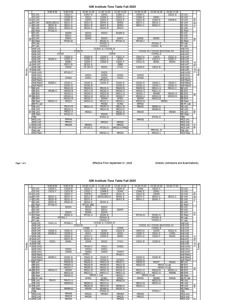 TimeTable Fall 2025 From Sep 01 2025 | PDF