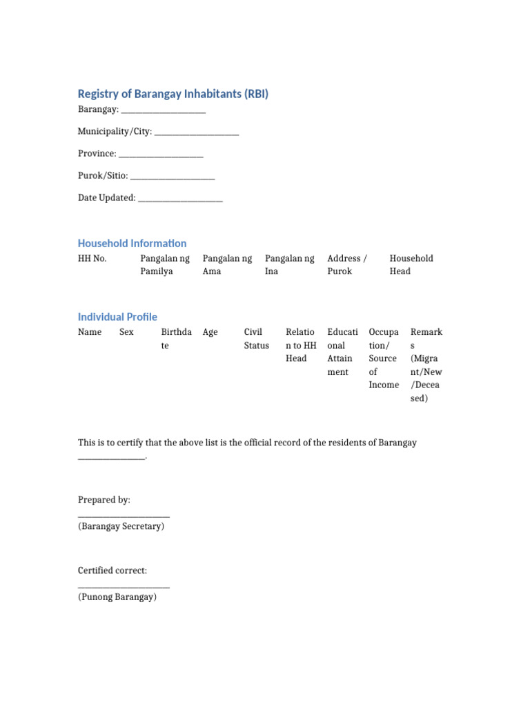 Barangay Inhabitants Registry Form | PDF