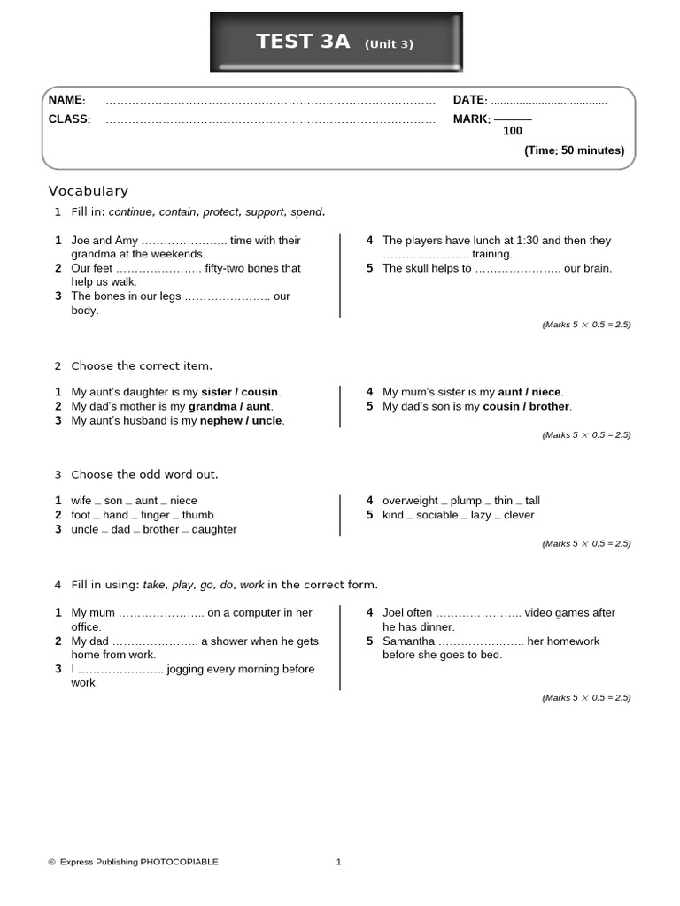 Unit 3 Vocabulary and Grammar Test | PDF | Linguistics